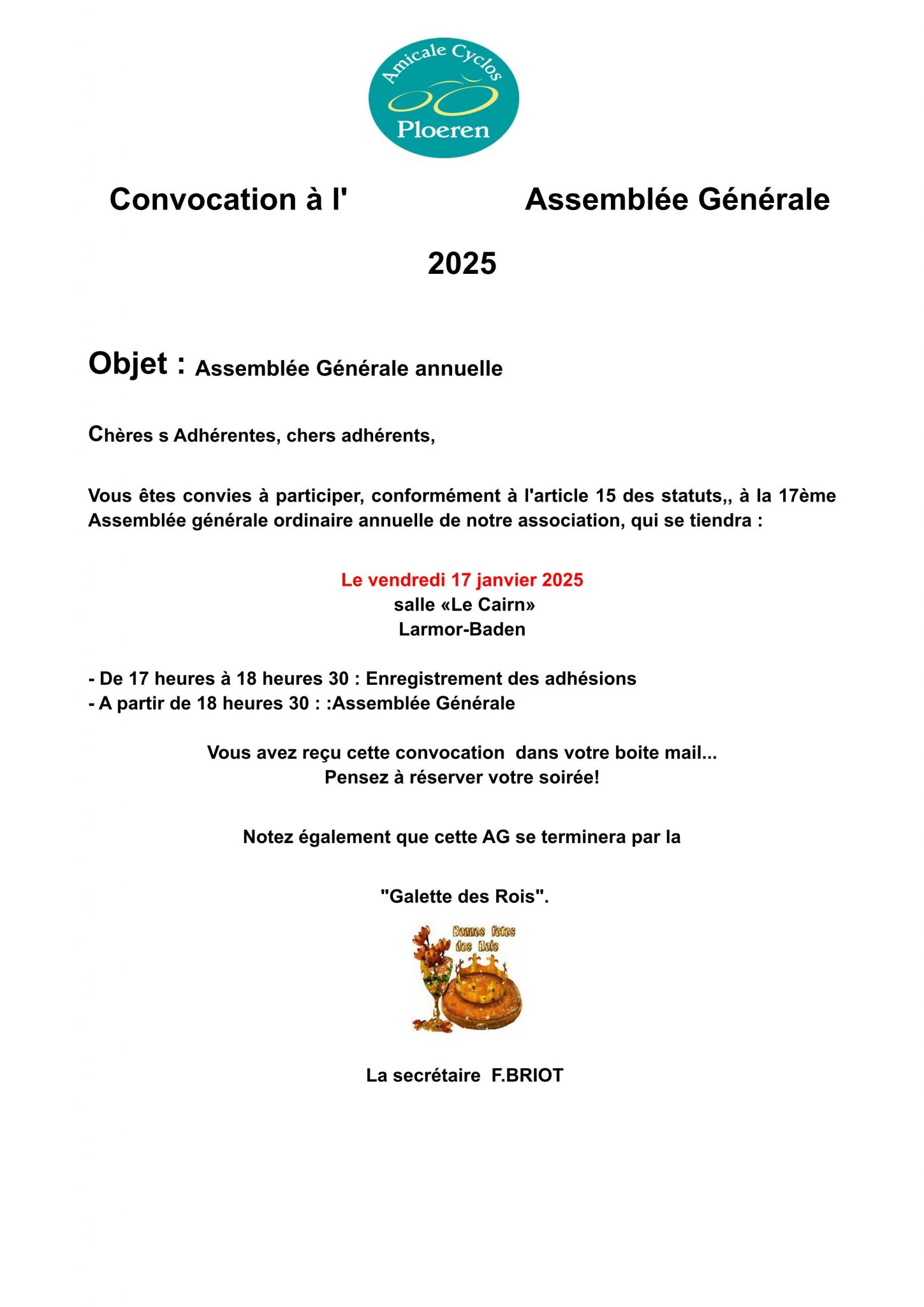 Convocation AG 2025 - Amicale Cyclos Ploeren